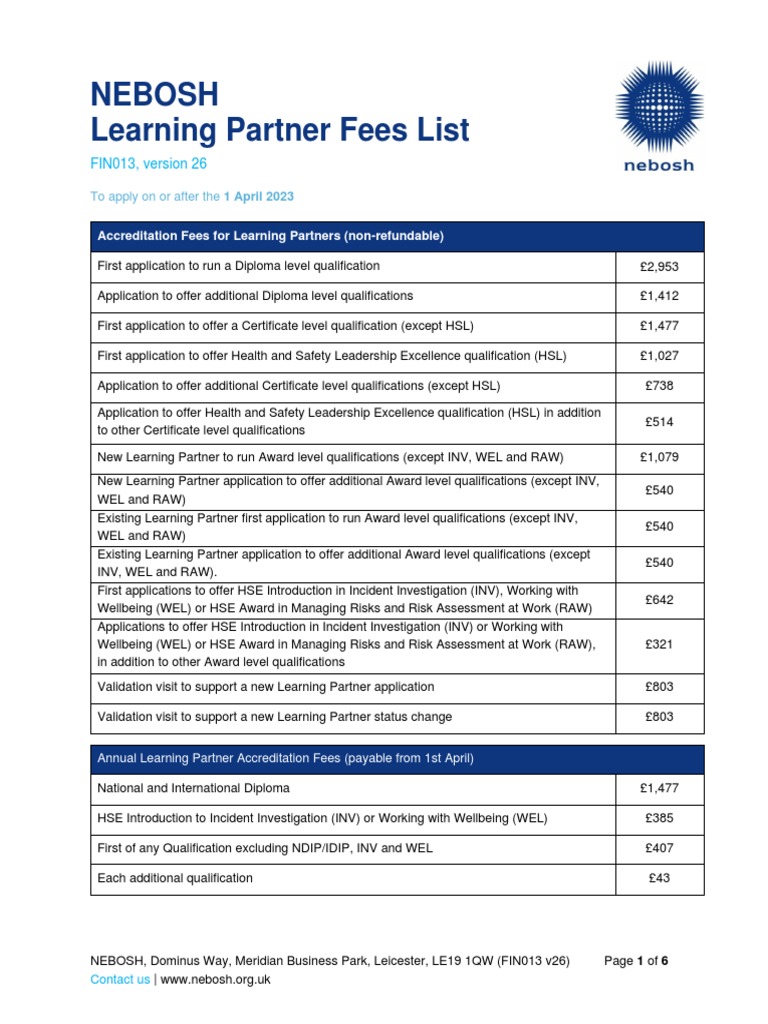 Fin013 Learning Partner Fees List v26 From 010423 | PDF