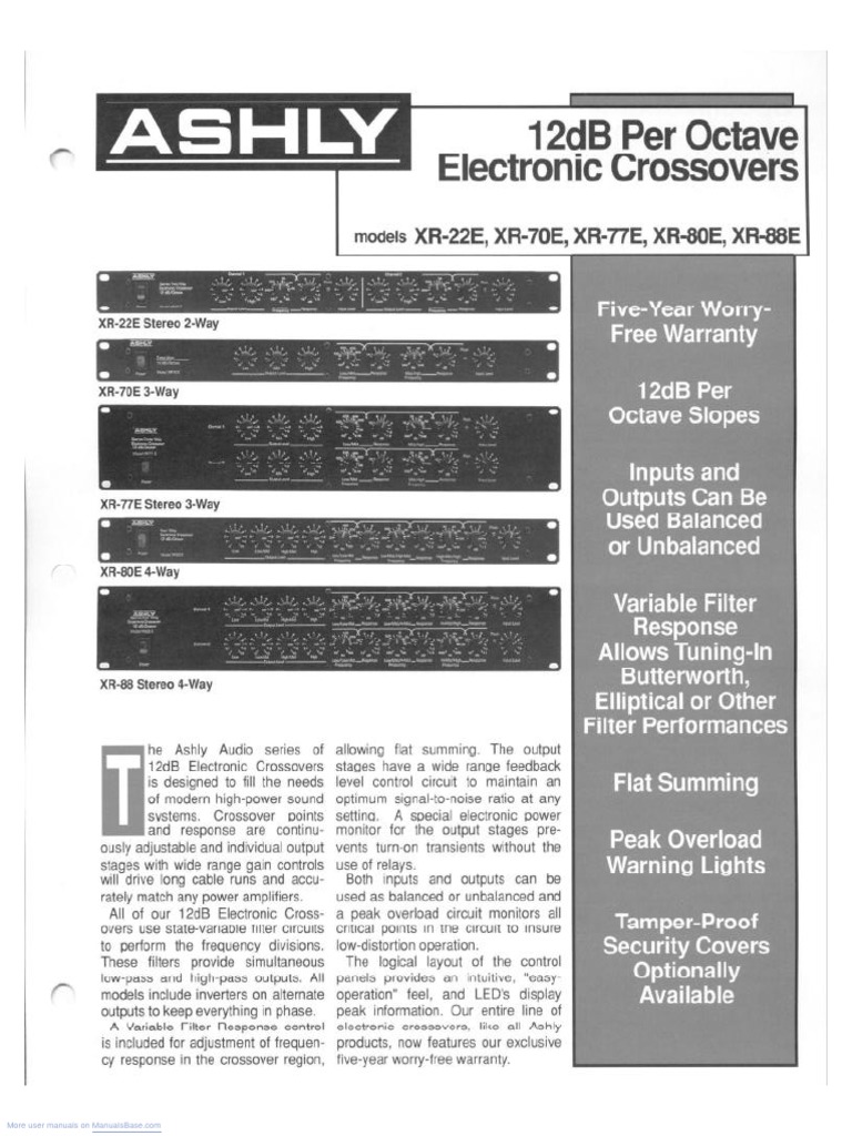 Manual Ashly 12dB Per Octave Electronic Crossover XR-77E | PDF