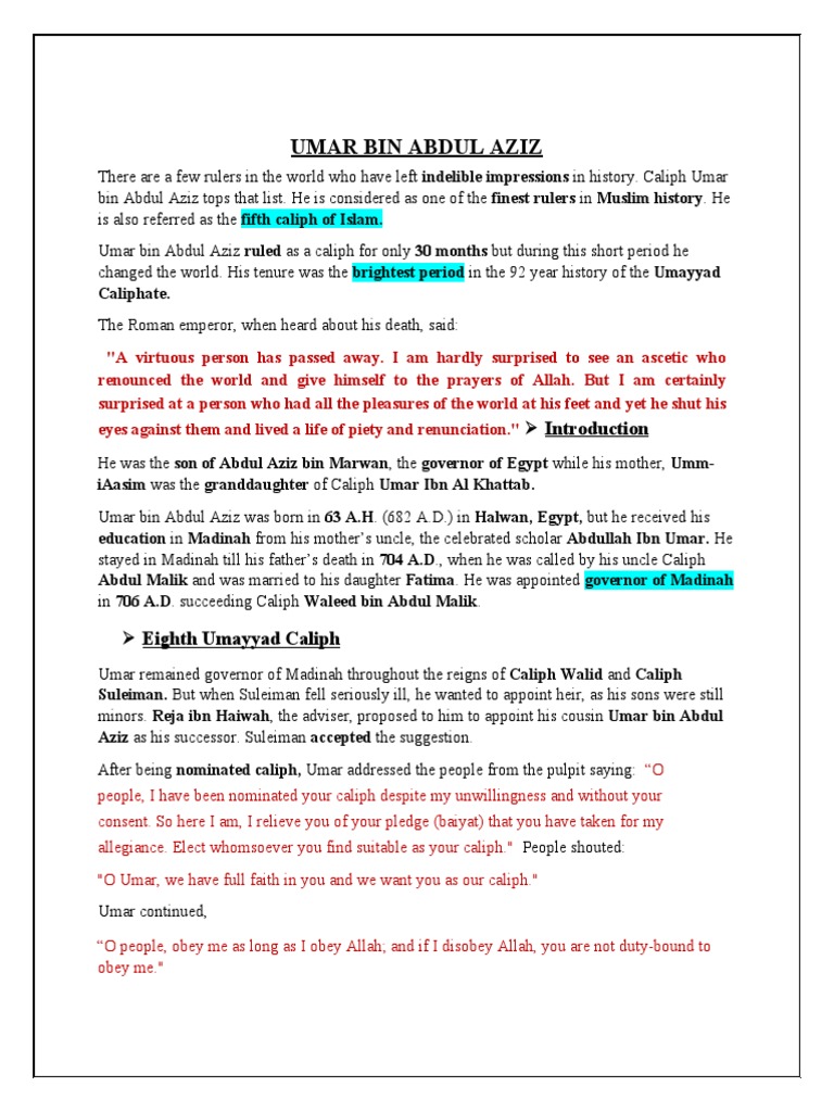 Umer Bin Abdul Aziz | PDF | Umar | Caliphate