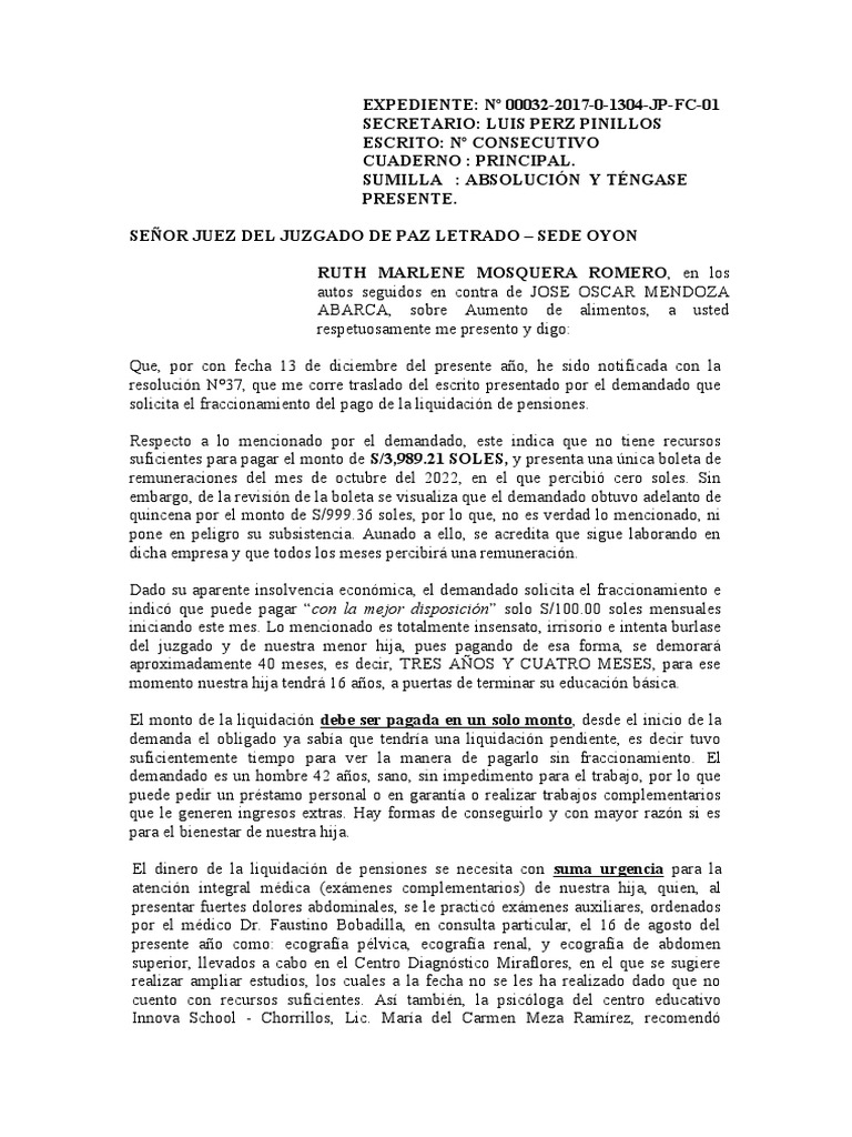 MARLENE MOSQUERA Absolucion de Escrito - Tengase Presente. | PDF