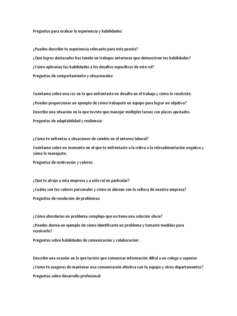 Preguntas para evaluar la experiencia y habilidades | PDF