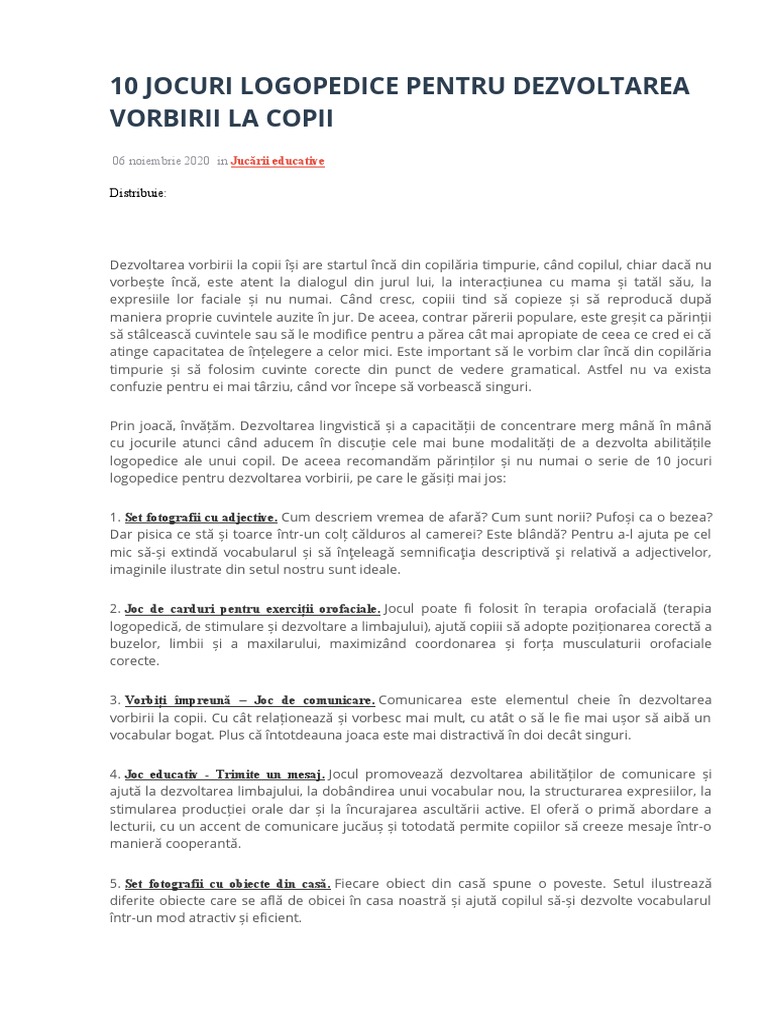 10 Jocuri Logopedice Pentru Dezvoltarea Vorbirii La Copii | PDF