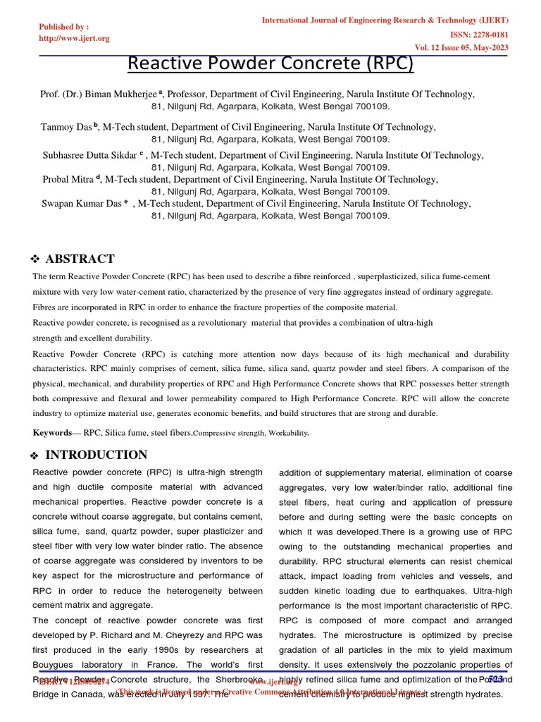 Reactive Powder Concrete RPC IJERTV12IS050274 | PDF | Concrete | Cement