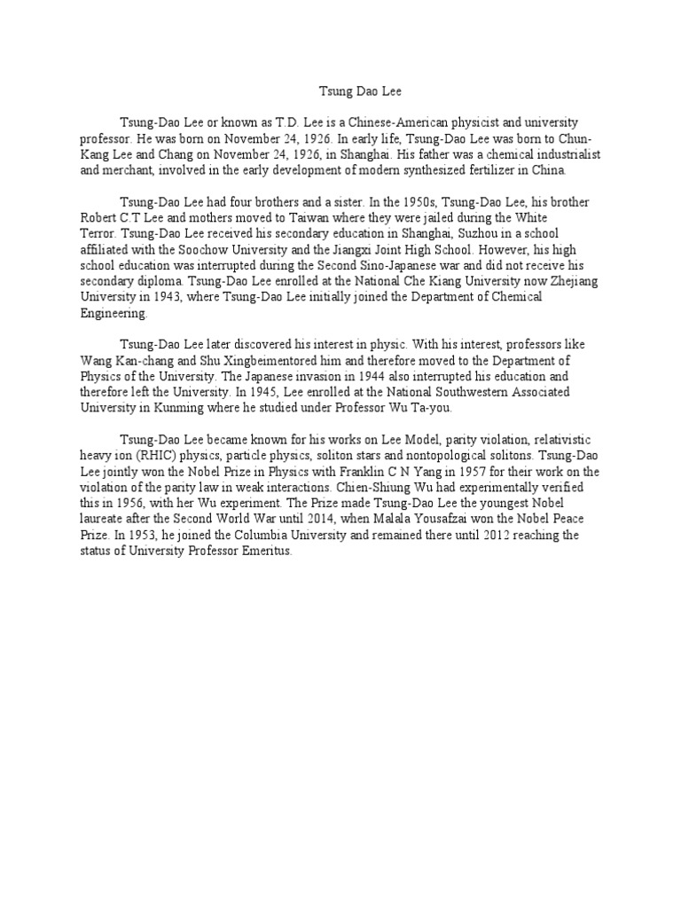 Tsung Dao Lee Biography | PDF | Politics