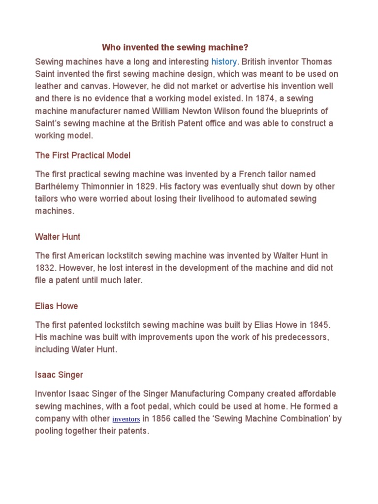 Who Invented The Sewing Machine | PDF