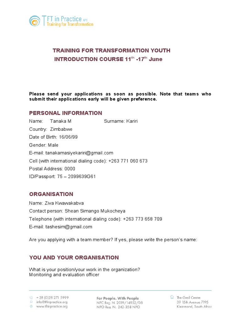 TFT Introduction Course Application Form 2023 | PDF