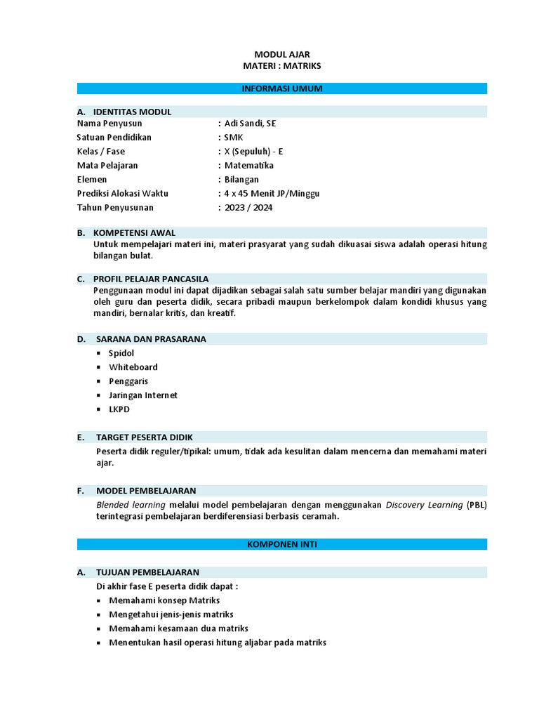 Modul Ajar Matriks X Adi | PDF