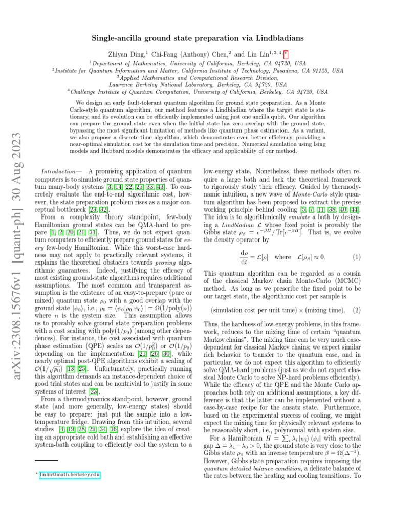 Single-Ancilla Ground State Preparation Via Lindbladians: Linlin@math ...