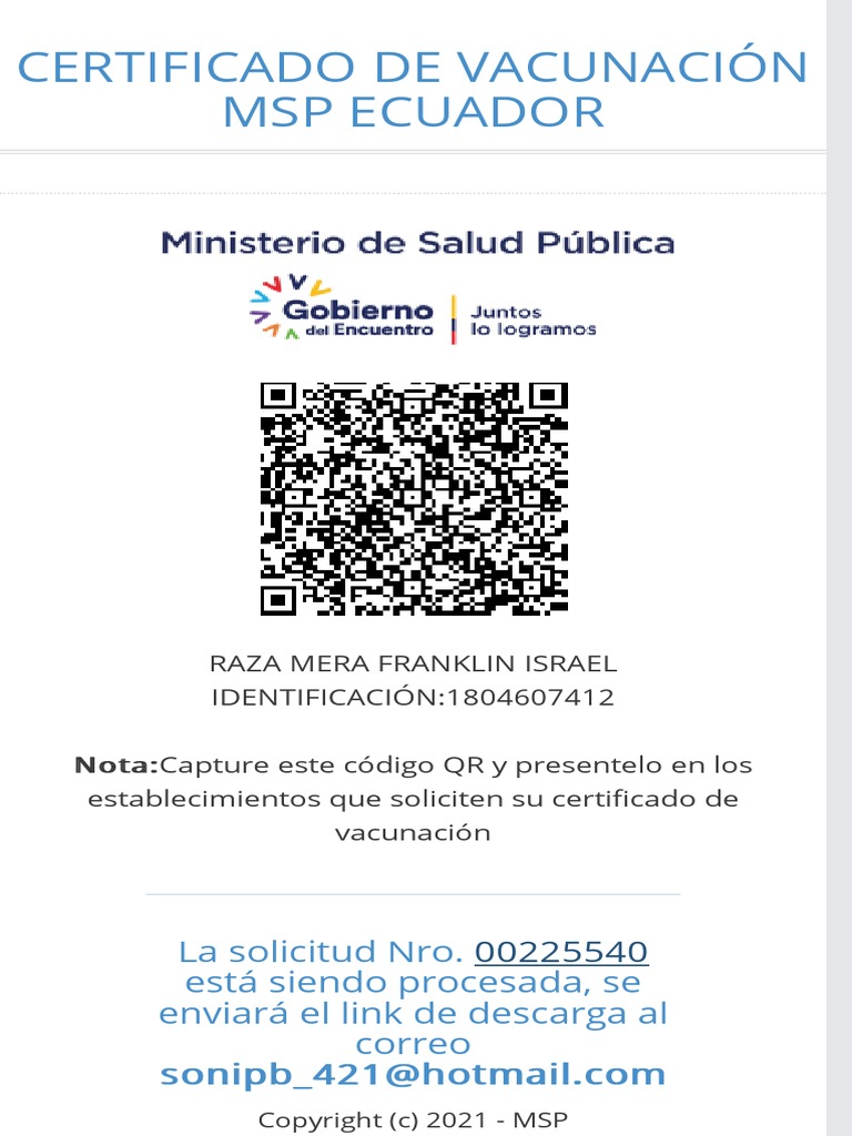 Certificado de Vacunación MSP Ecuador | PDF | Finanzas y dinero