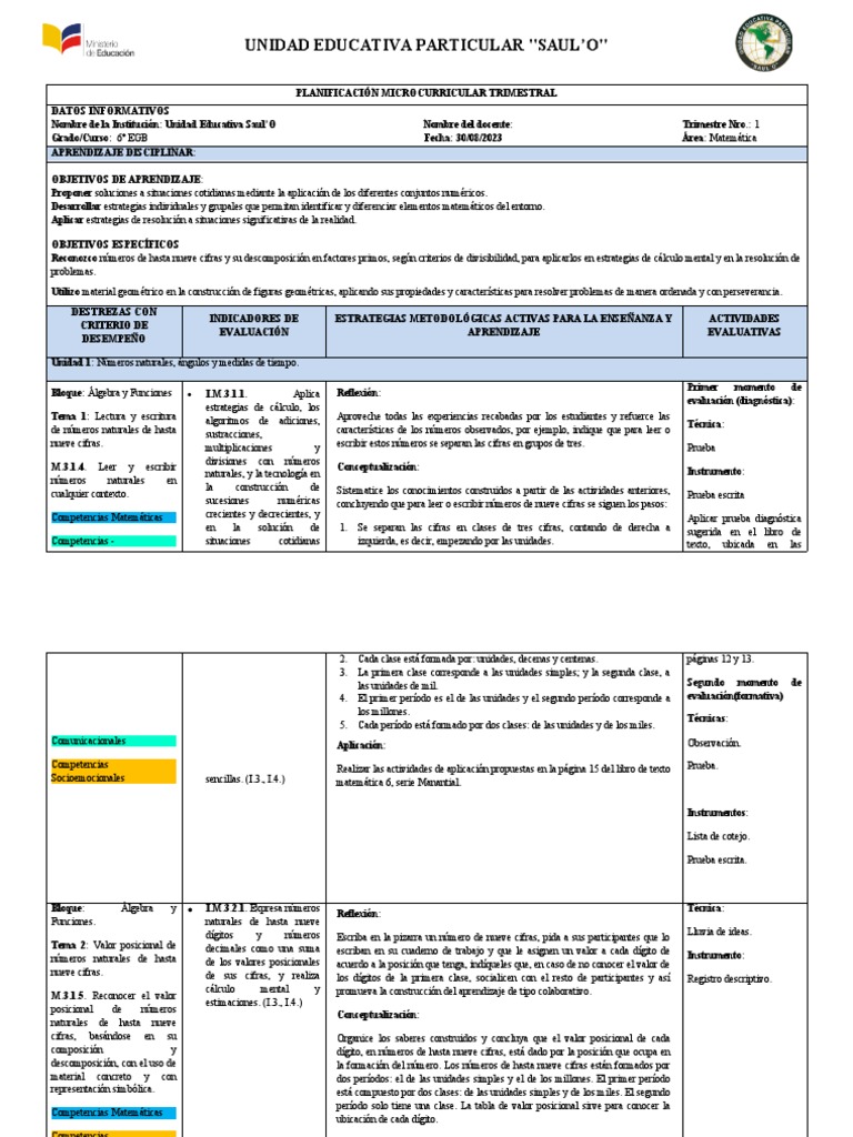 Planificacion 1t Matematicas 6to | PDF | Evaluación | Aprendizaje