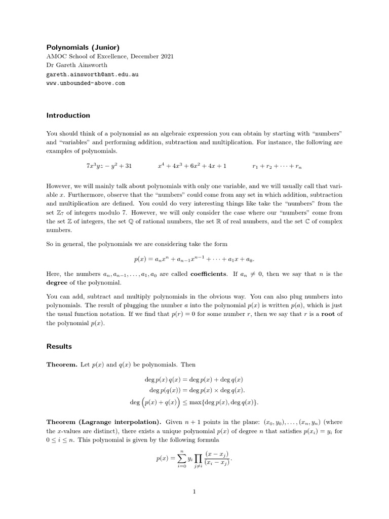 Polynomials J Ainsworth Dec21 | PDF | Polynomial | Multiplication