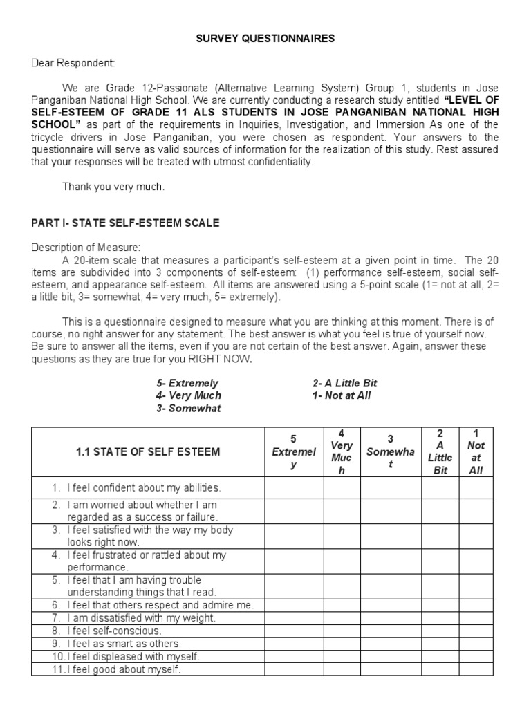 Als Self Esteem Survey Questionnaire | PDF | Self Esteem | Behavioural ...