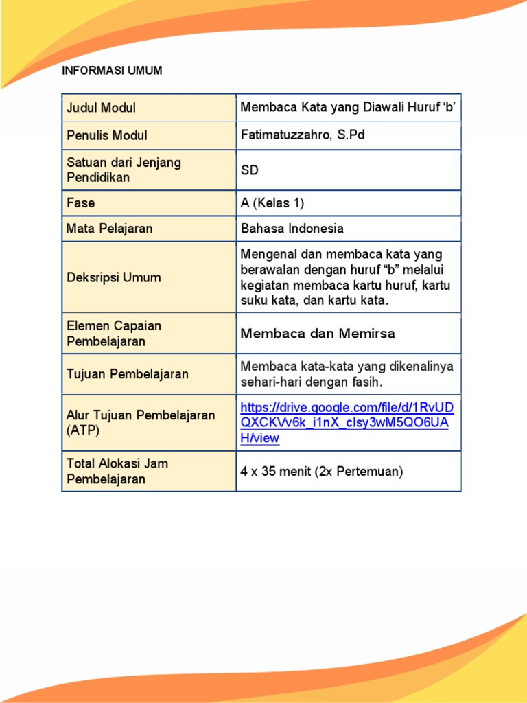 Modul Ajar Bahasa Indonesia - Membaca Kata Diawali Huruf 'B' - Fase A | PDF