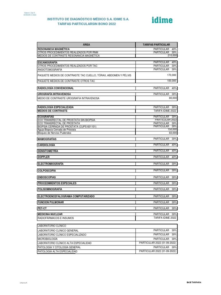 TARIFAS IDIME 2022uuuu | PDF