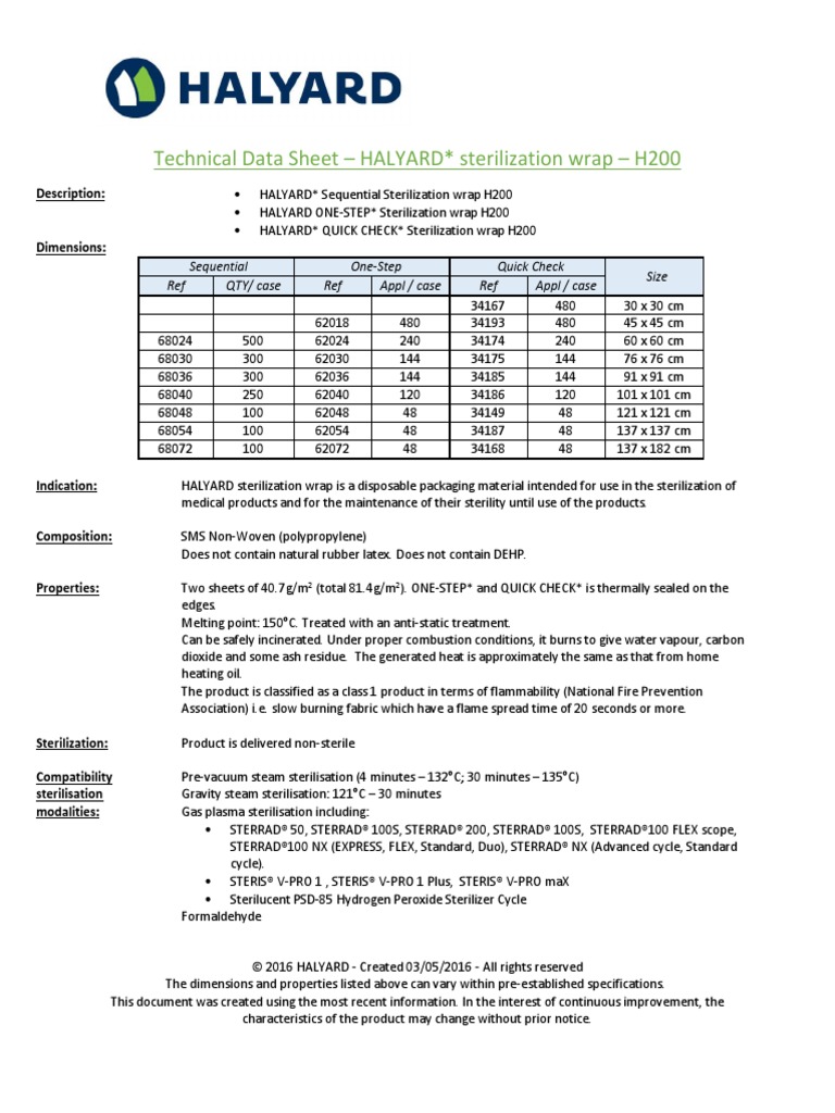 Technical Data Sheet H200 | PDF | Sterilization (Microbiology ...