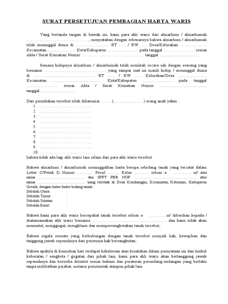 Surat Persetujuan Pembagian Harta Waris | PDF