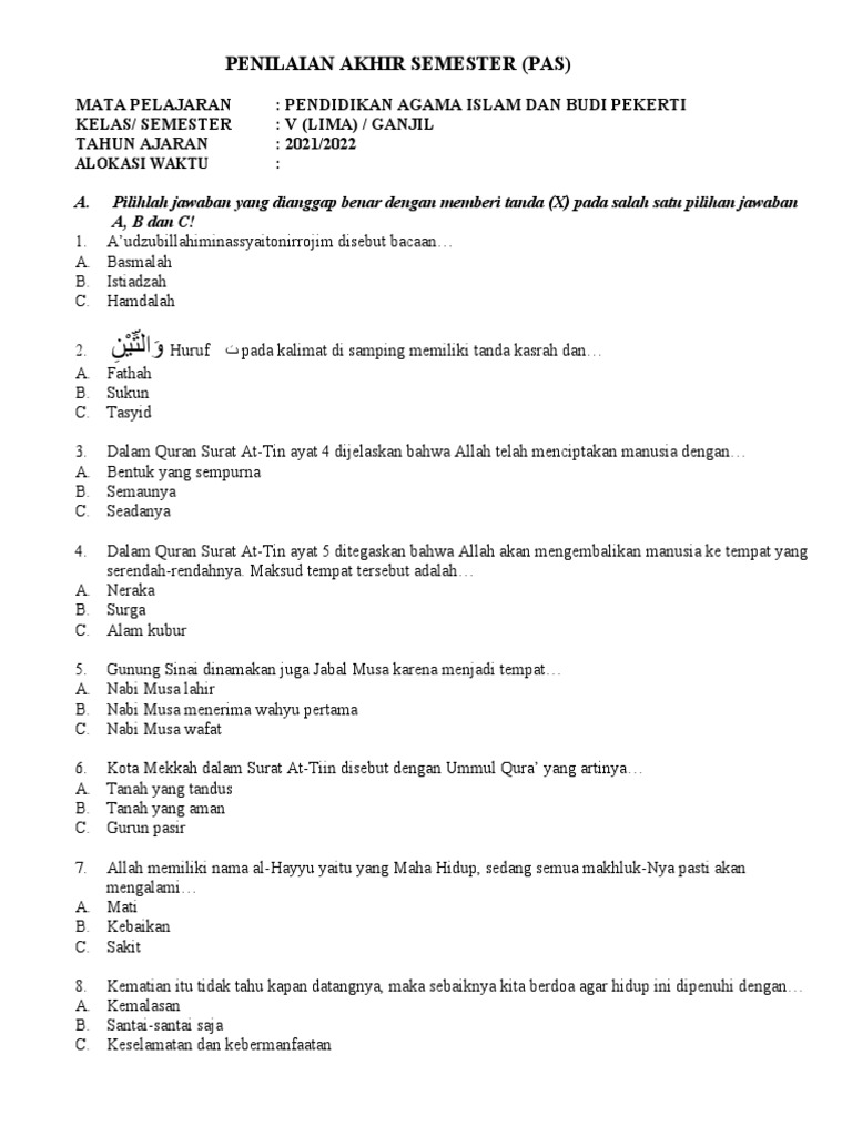 Soal Pas Pai KLS 5 SMT 1 | PDF | Agama & Spiritualitas