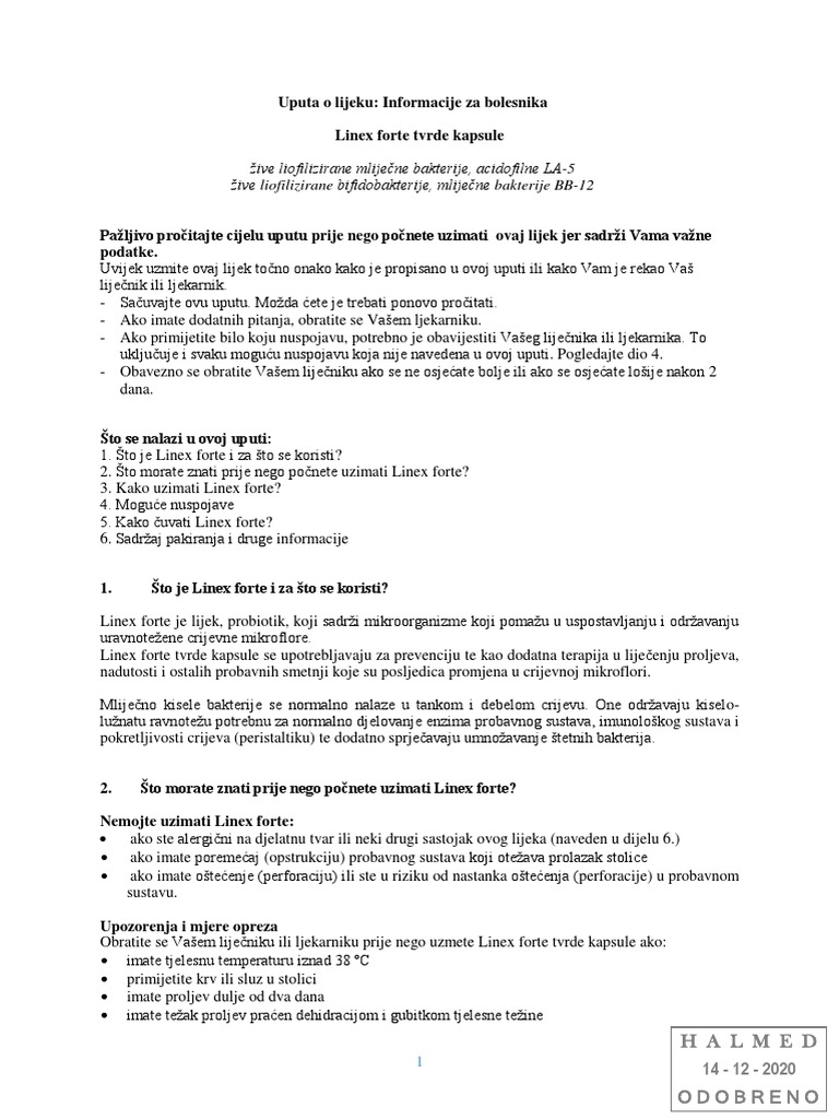Uputa o Lijeku Linex Forte Tvrde Kapsule | PDF