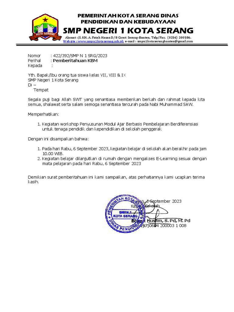 Surat Pemberitahuan KBM | PDF
