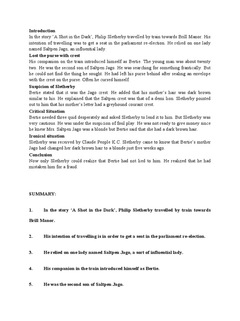 Notes On ' A Shot in The Dark' | PDF | Mystery, Thriller & Crime Fiction