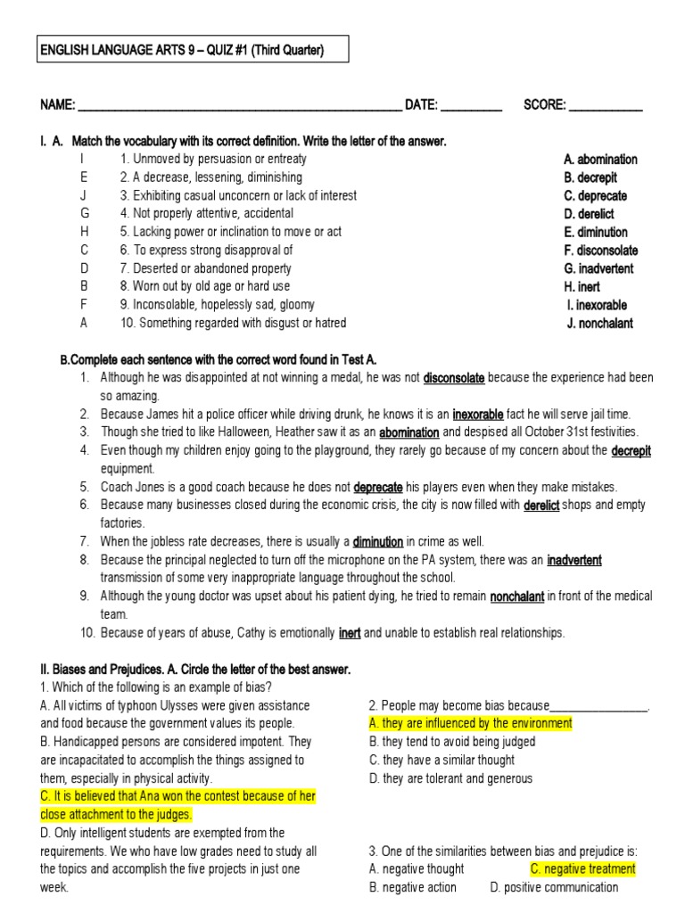 ELA 9 Q3-Quiz1 Answer Key | PDF | Bias | Prejudices