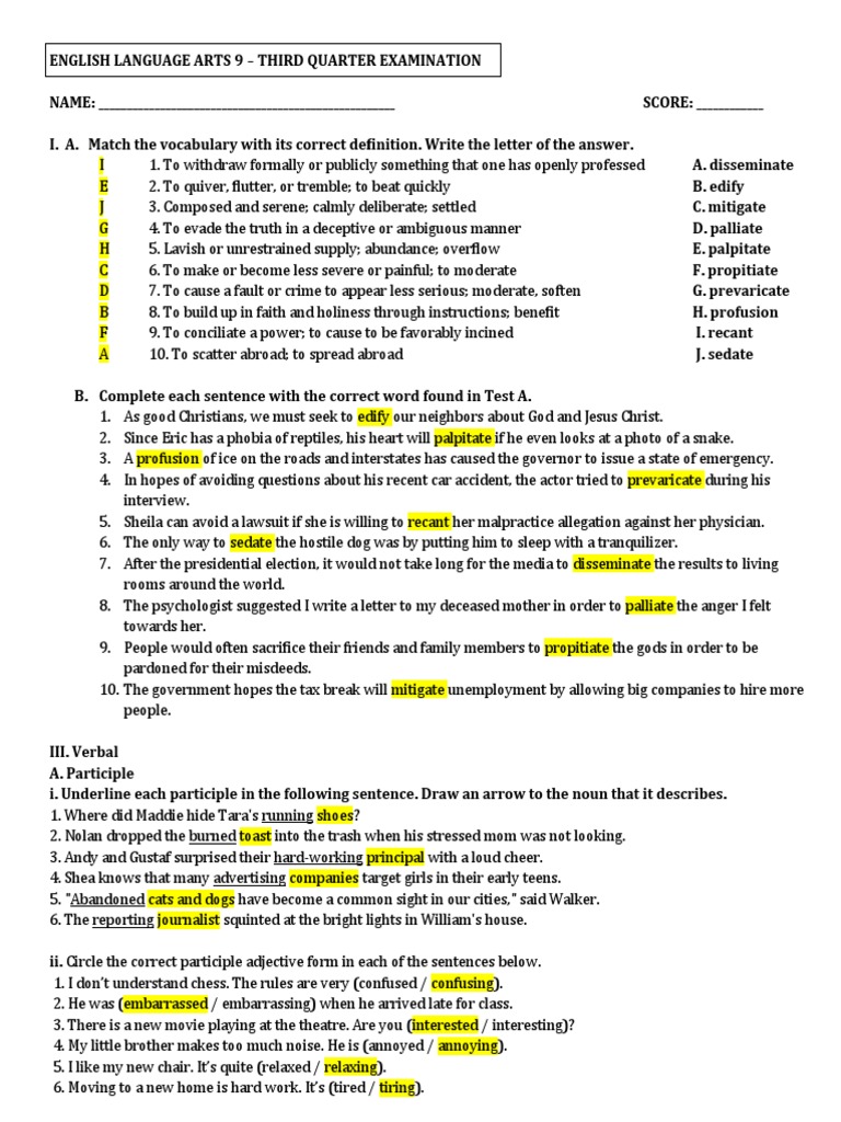 ELA 9 3rd Quarter Exam Answer Key | PDF