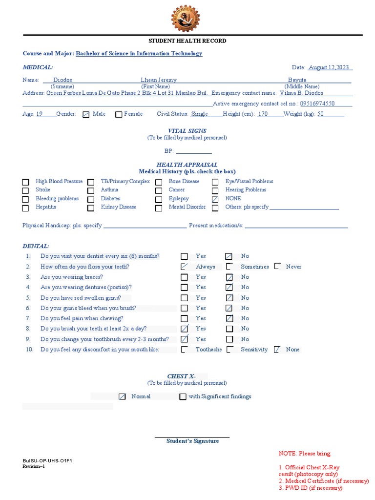 Student Health Record Template | PDF