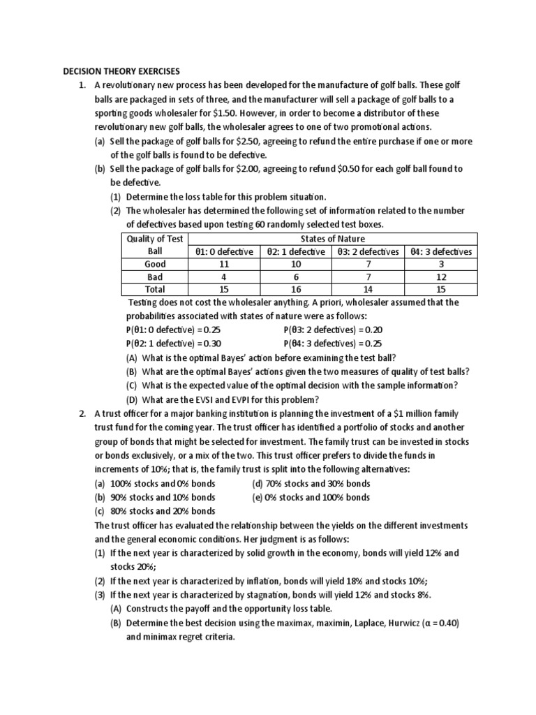 Decision Theory Exercises Pdf Economies Economics