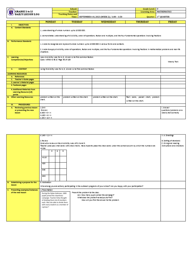 DLL - Mathematics 5 - Q1 - W2 | PDF | Educational Assessment | Learning