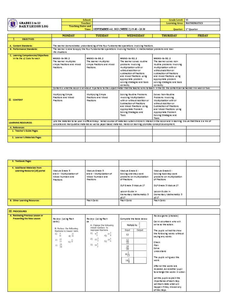 DLL - Mathematics 6 - Q1 - W2 | PDF | Learning | Multiplication