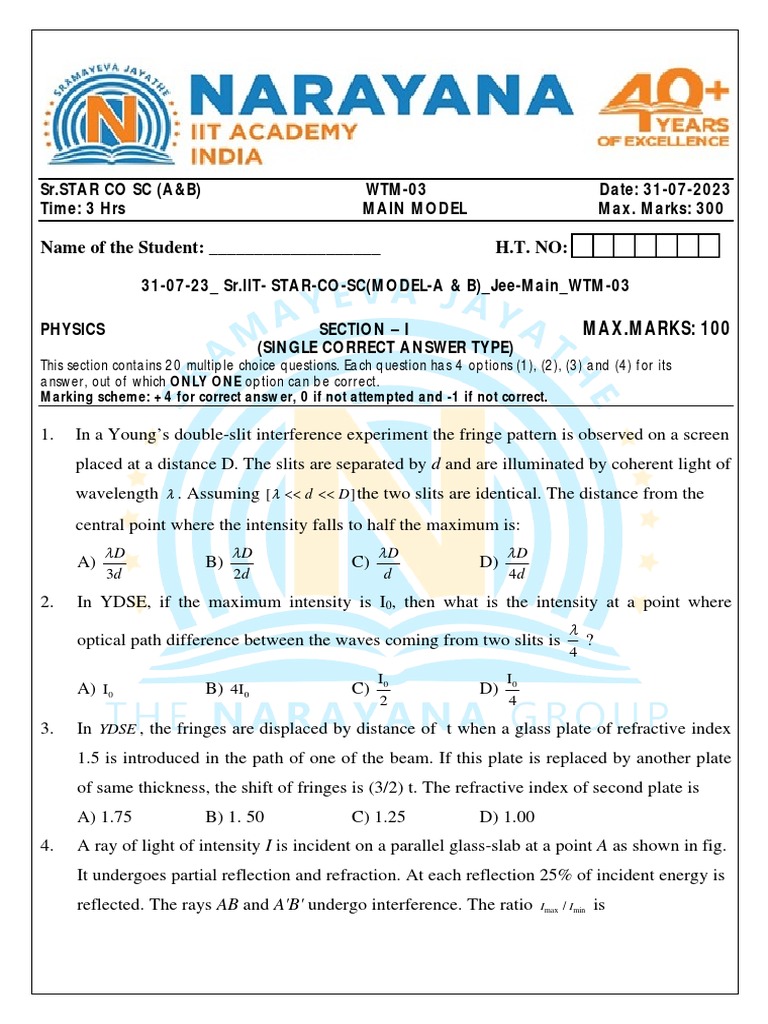 IIT Physics Model Paper: YDSE & Interference | PDF