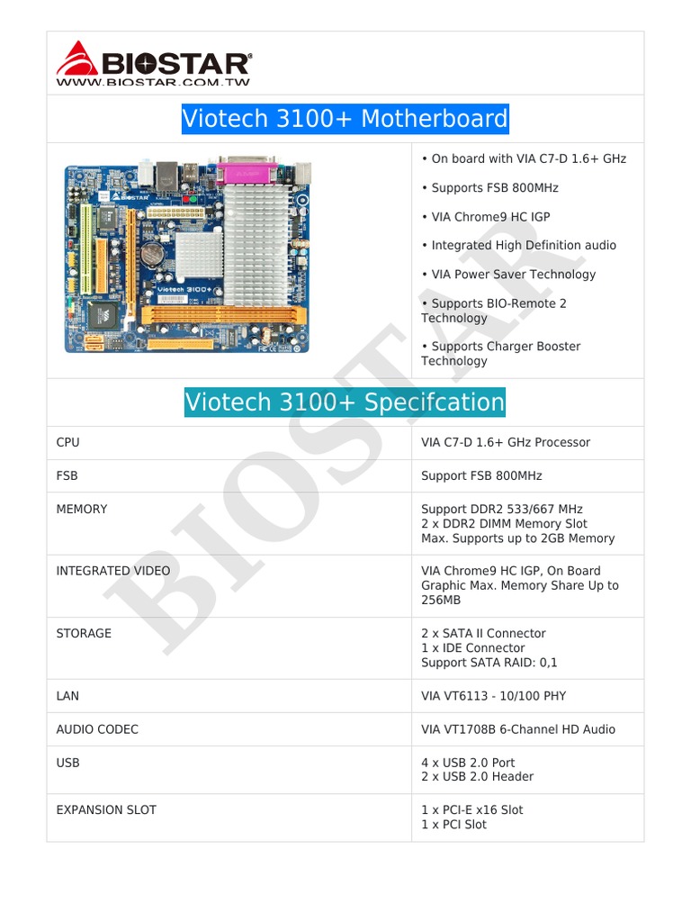 BIOSTAR Viotech 3100+ SPEC | PDF | Computing | Computer Engineering