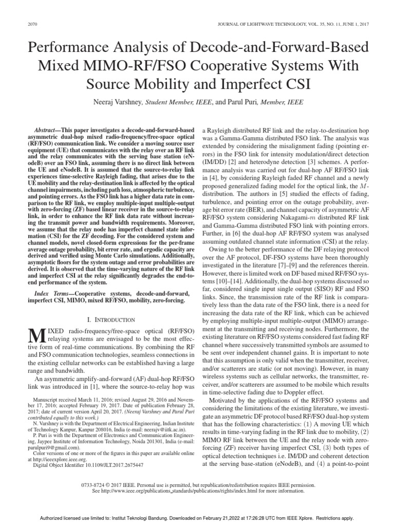 Performance Analysis of Decode-and-Forward-Based Mixed MIMO-RF FSO ... Performance Analysis of Decode-and-Forward-Based Mixed MIMO-RF FSO ...