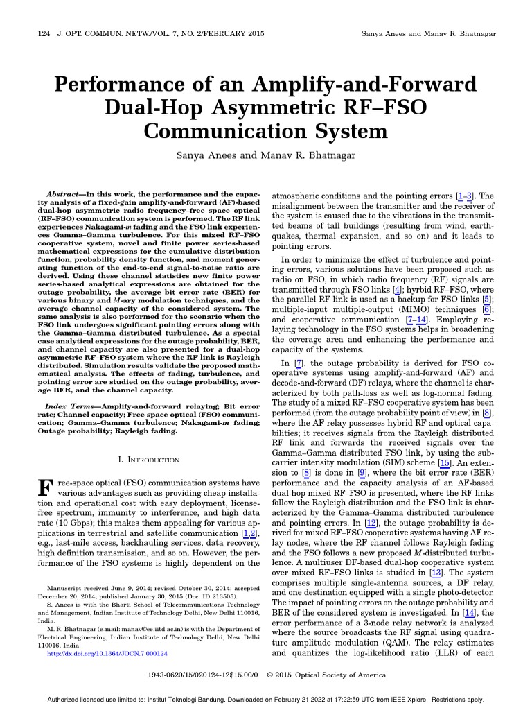 Performance Of An Amplify And Forward Dual Hop Asymmetric Rffso Communication System Pdf