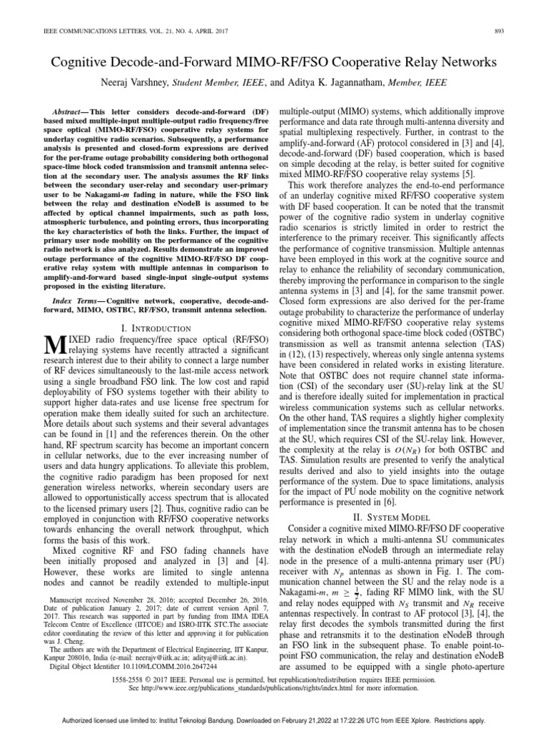 2017 Cognitive Decode And Forward Mimo Rf Fso Cooperative Relay Networks Pdf Mimo