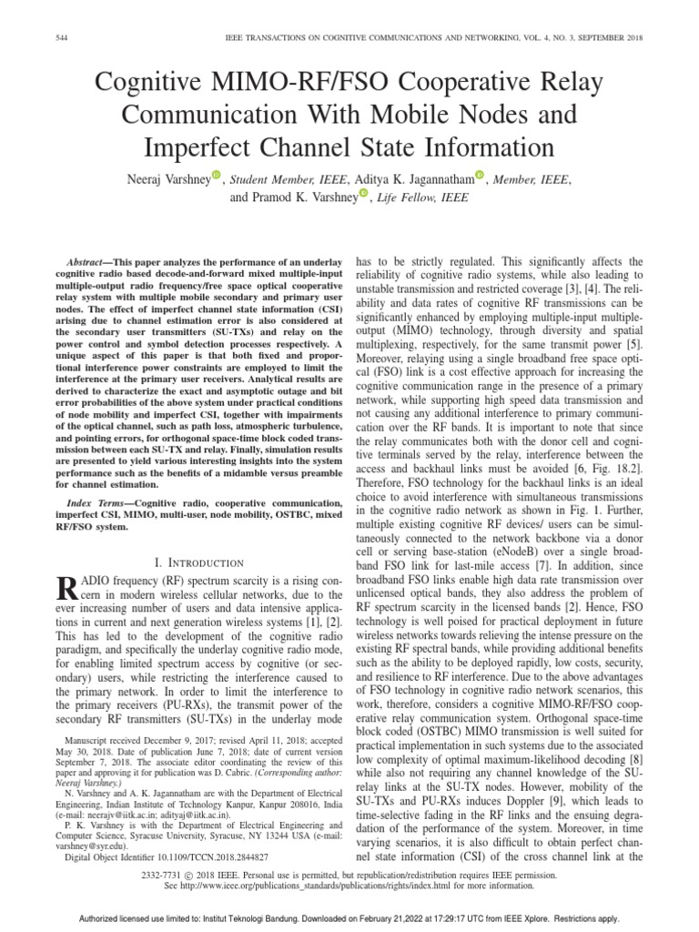 Cognitive MIMO-RF FSO Cooperative Relay Communication With Mobile Nodes and Imperfect Channel ...