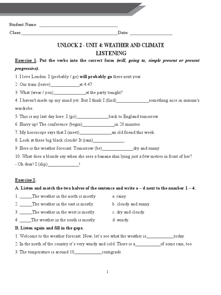 WS - Unlock 2 - U4 - Lesson 28 Listening | PDF | Weather | Rain