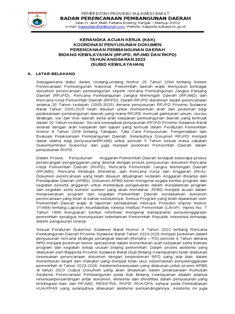 Kak Koordinasi Penyusunan Dok Bidang Kewilayahan 2023 | PDF