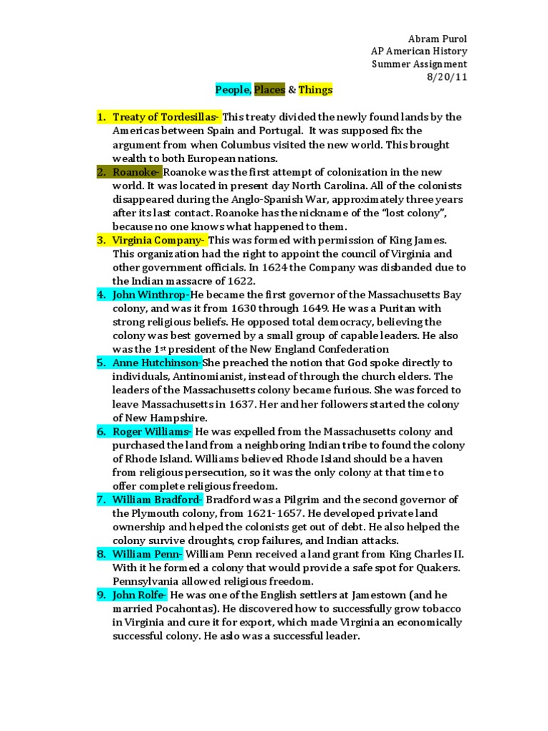 Abram Purol AP American History Summer Assignment 8/20/11 | PDF ...