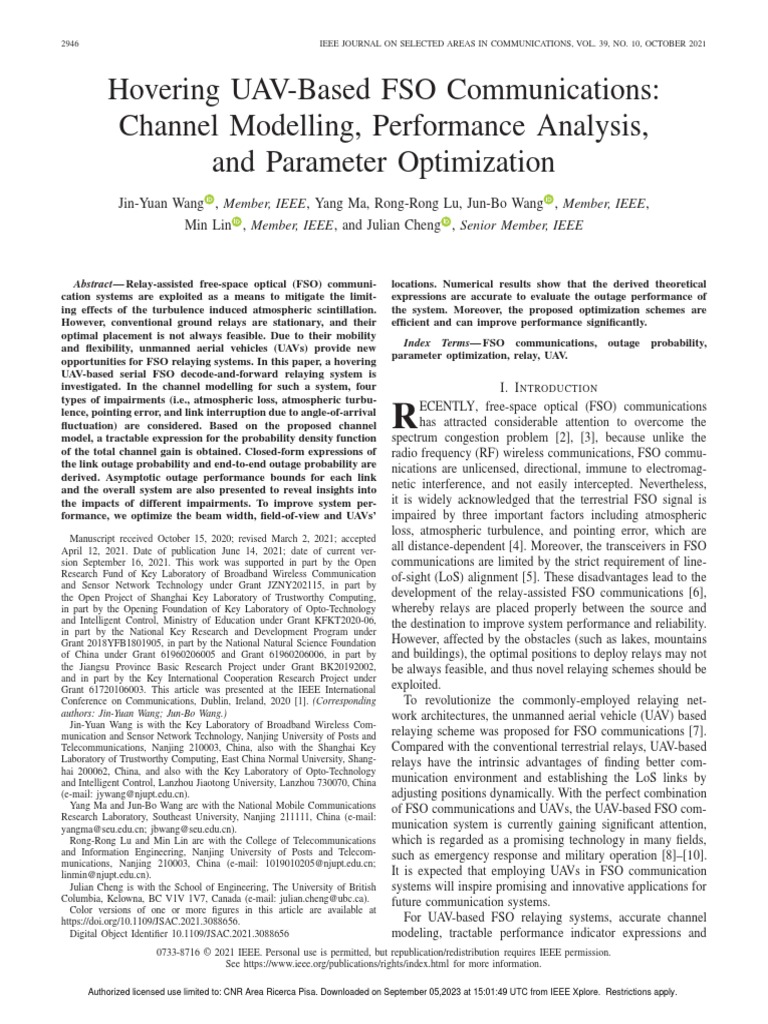 Hovering UAV-Based FSO Communications: Channel Modelling, Performance ... Hovering UAV-Based FSO Communications: Channel Modelling, Performance ...