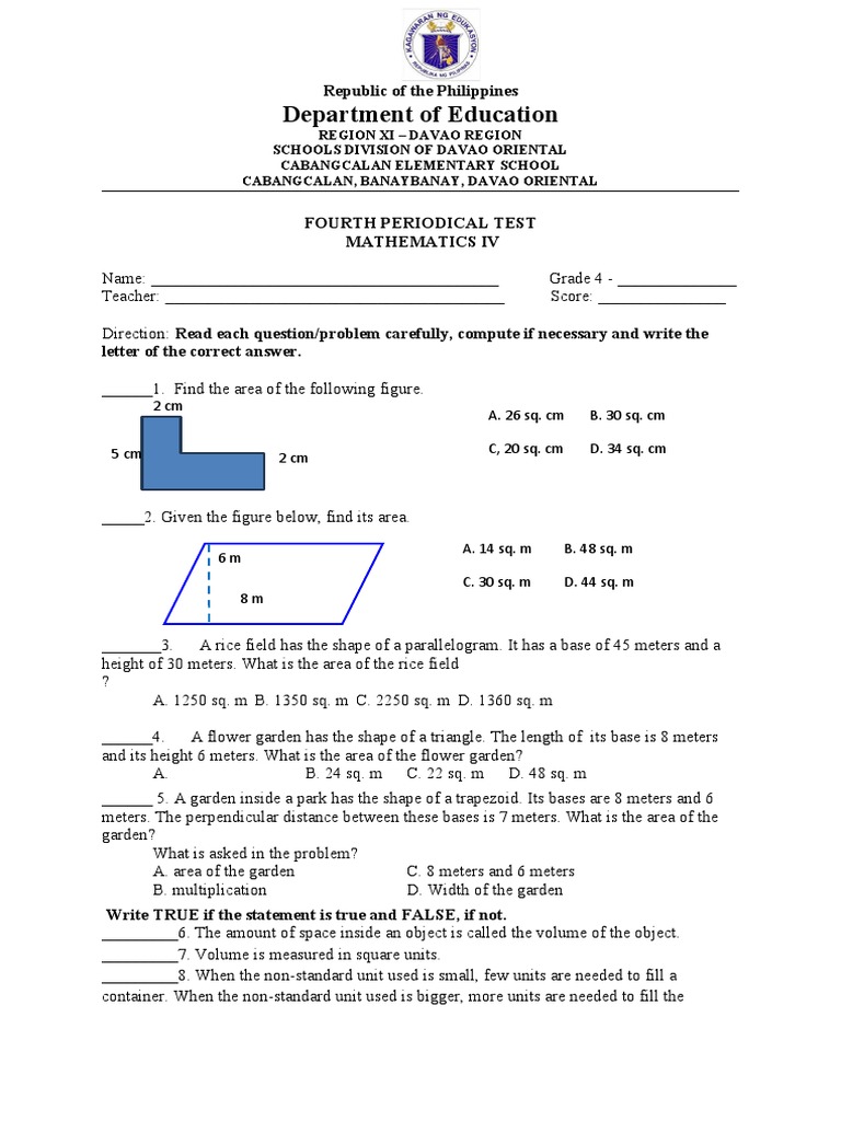 PT_MATHEMATICS 4 - Q4 V1 (AutoRecovered) | PDF | Area | Rectangle