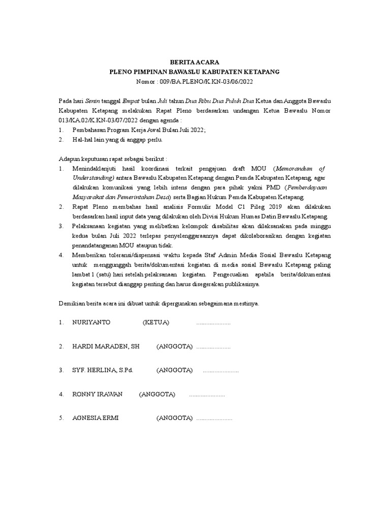 Berita Acara BAWASLU 4 Juli 2022 | PDF | Politik | Hukum