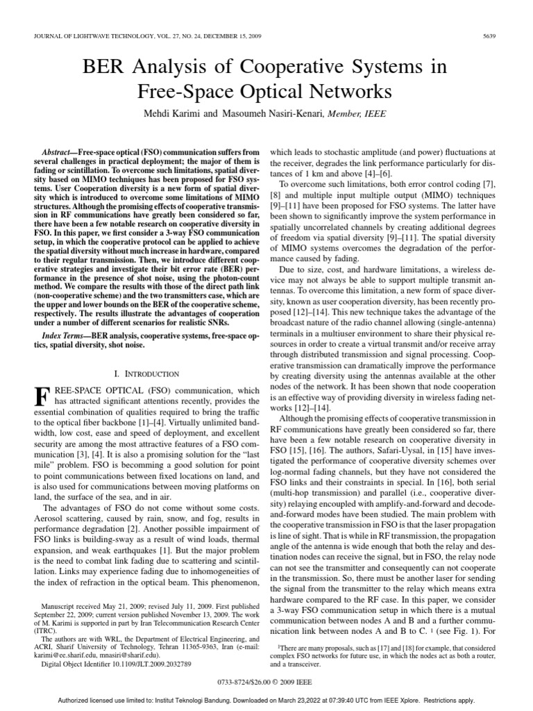 Ber Analysis Of Cooperative Systems In Free Space Optical Networks