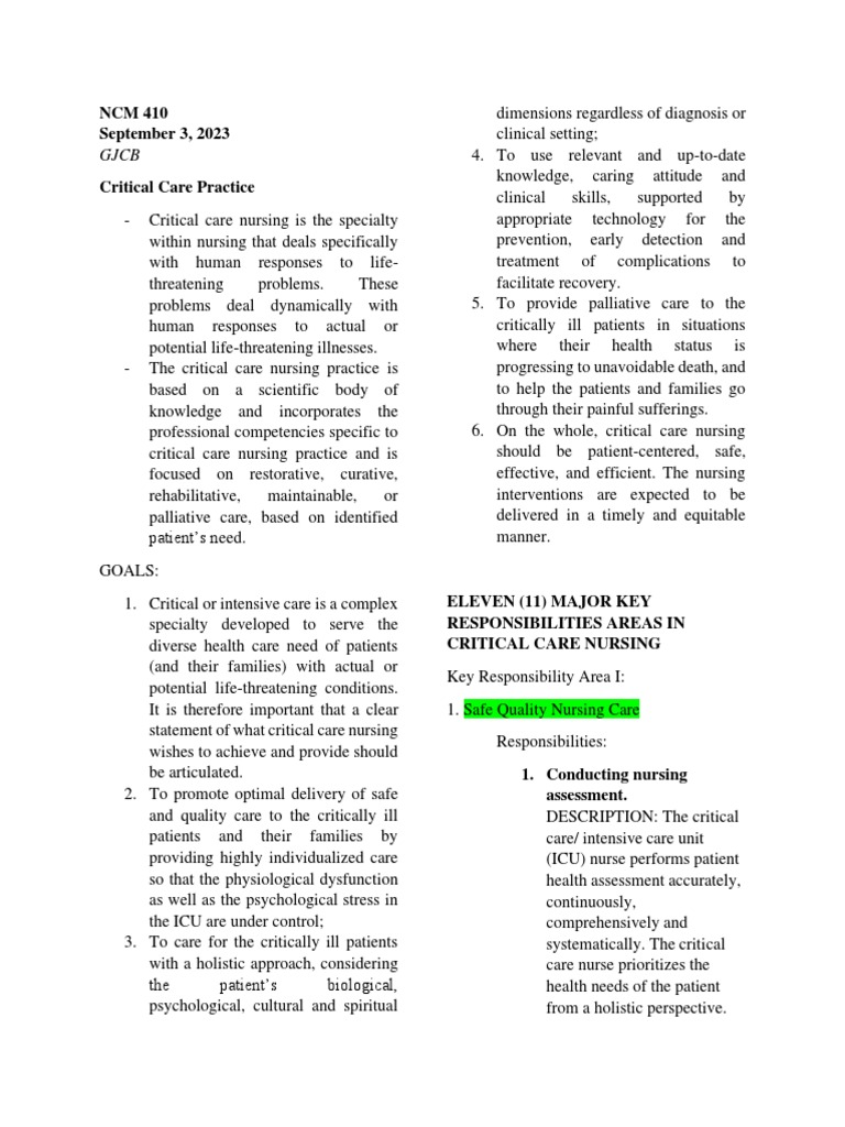 11 Core Responsibilities Ccu | PDF | Nursing | Intensive Care Medicine