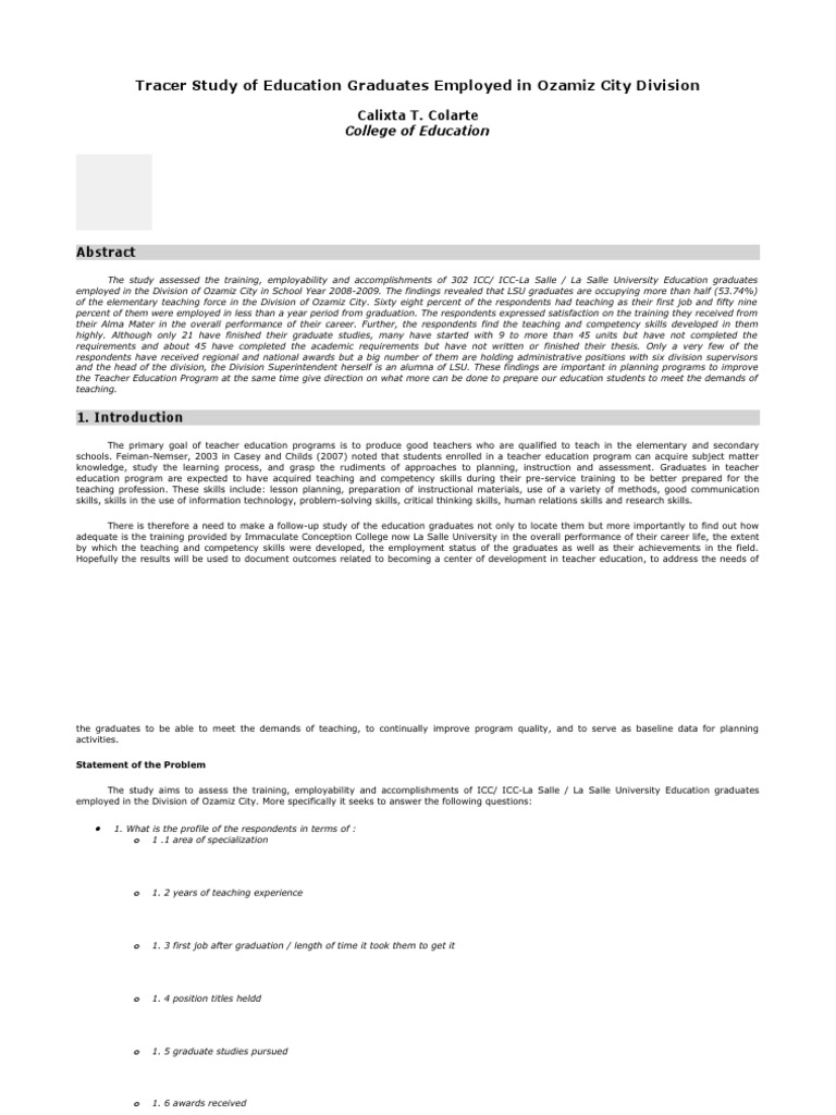 Tracer Study | Download Free PDF | Teachers | Cognition