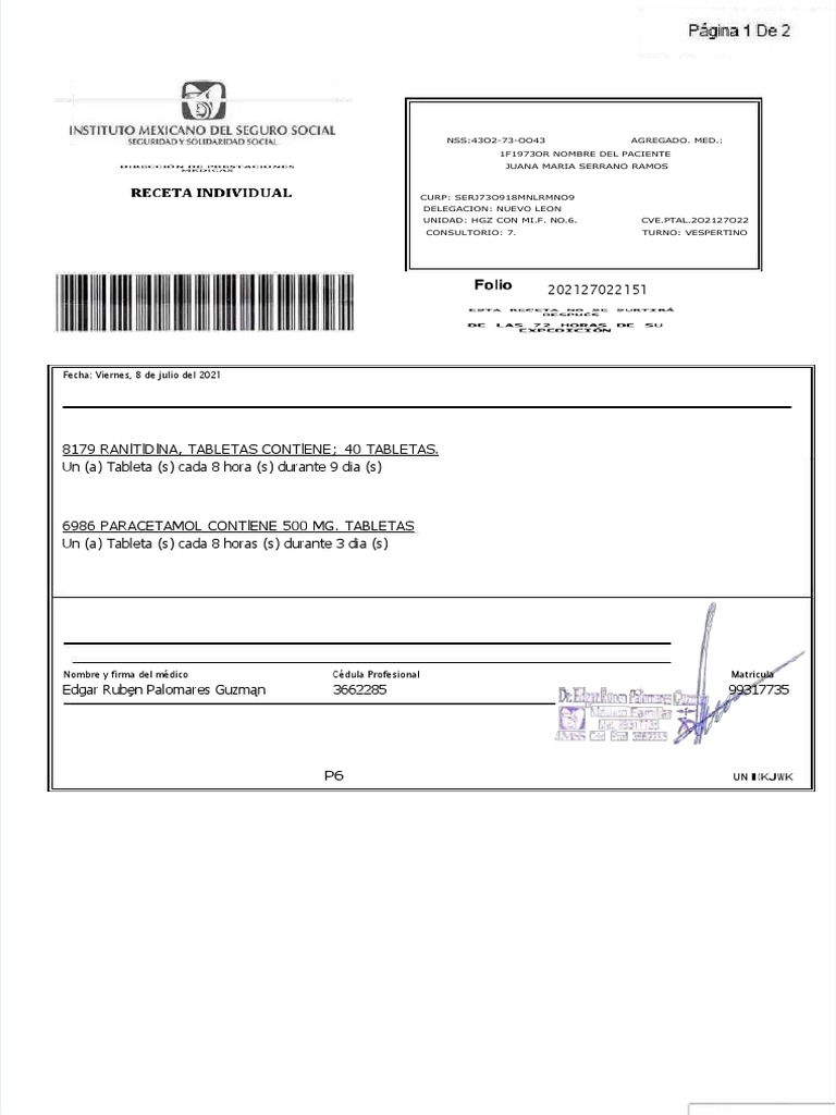 Receta Médica: Juana Serrano Ramos | PDF