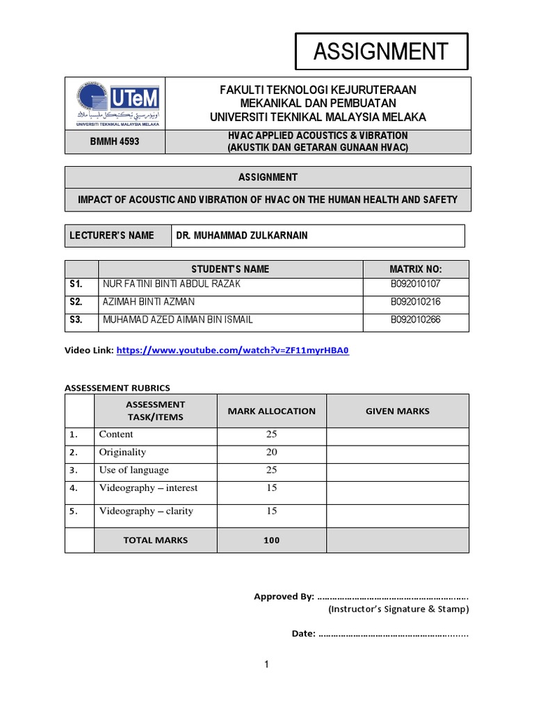 Assignment Sheet- HVAC ACOUSTIC (3 BMMH S1_1 GROUP D) (1) | PDF | Learning | Communication