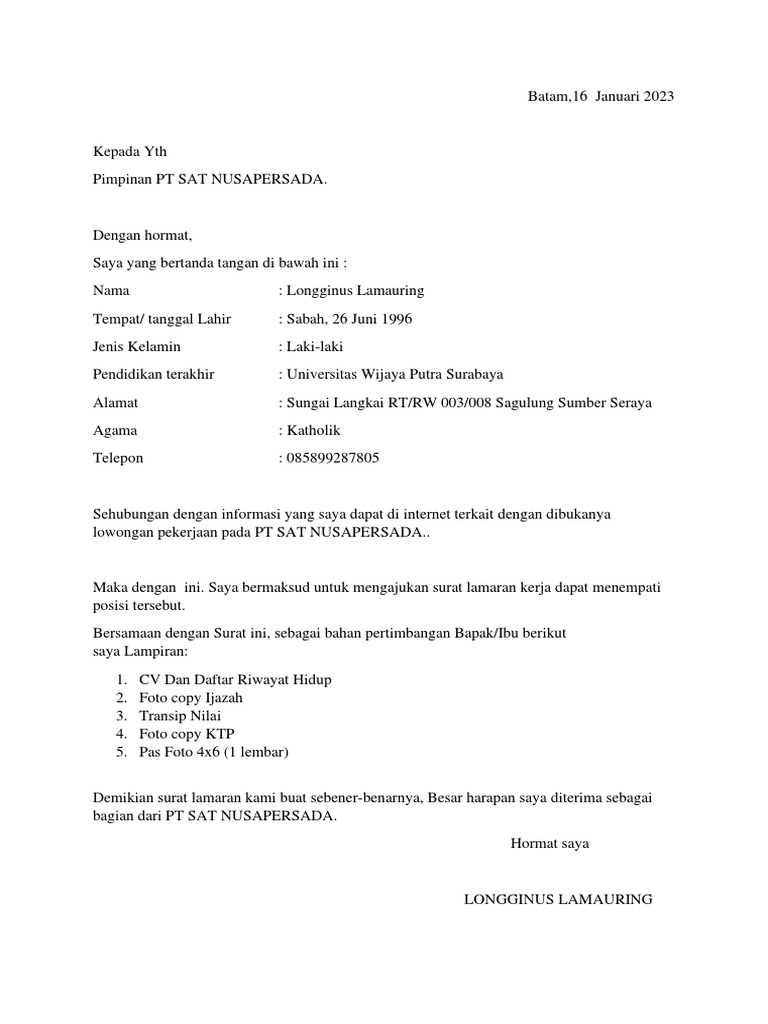 Surat Lamaran Kerja PT Sat Nusapersada. | PDF