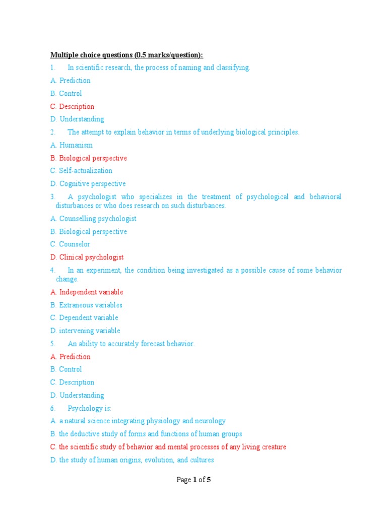 Psychology Exam Prep Questions | PDF | Psychology | Psychotherapy