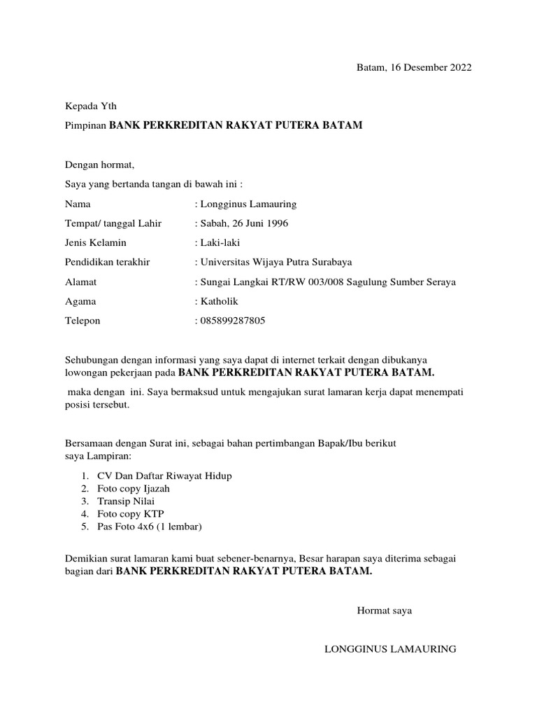 Surat Lamaran Kerja BANK PERKREDITAN RAKYAT PUTERA BATAM | PDF